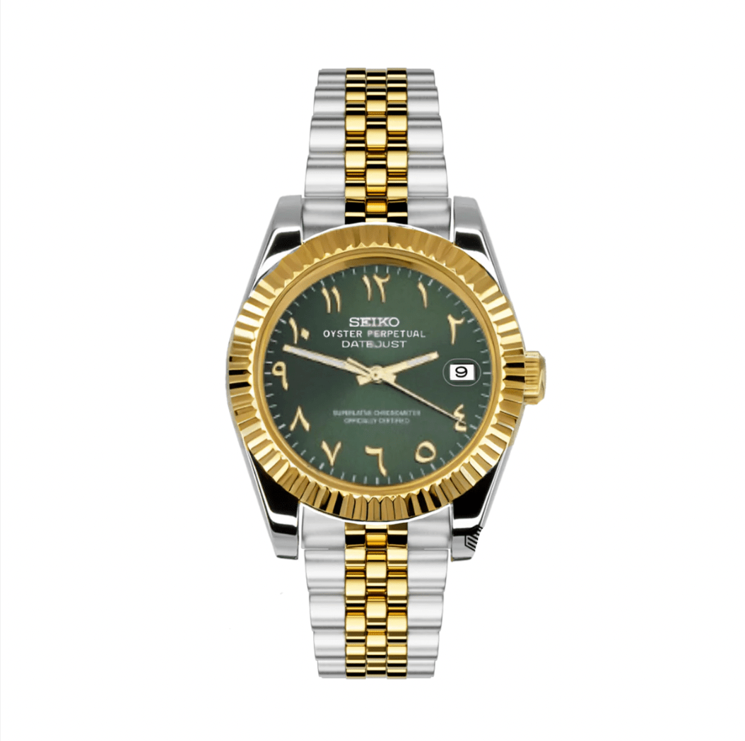 Seiko Mod Datejust Silver Gold – Arabic Green – customseikomods.com