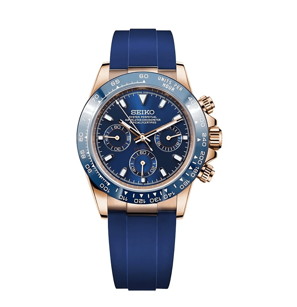 Seiko Mod Daytona Rose Gold Blue – Silicone – customseikomods.com