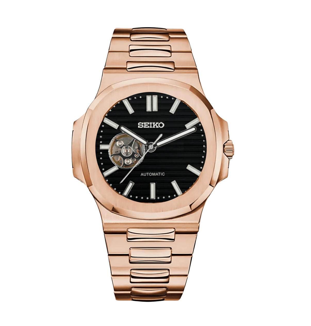 Seiko Mod Nautilus (Open Heart) Rose Gold – Black – customseikomods.com